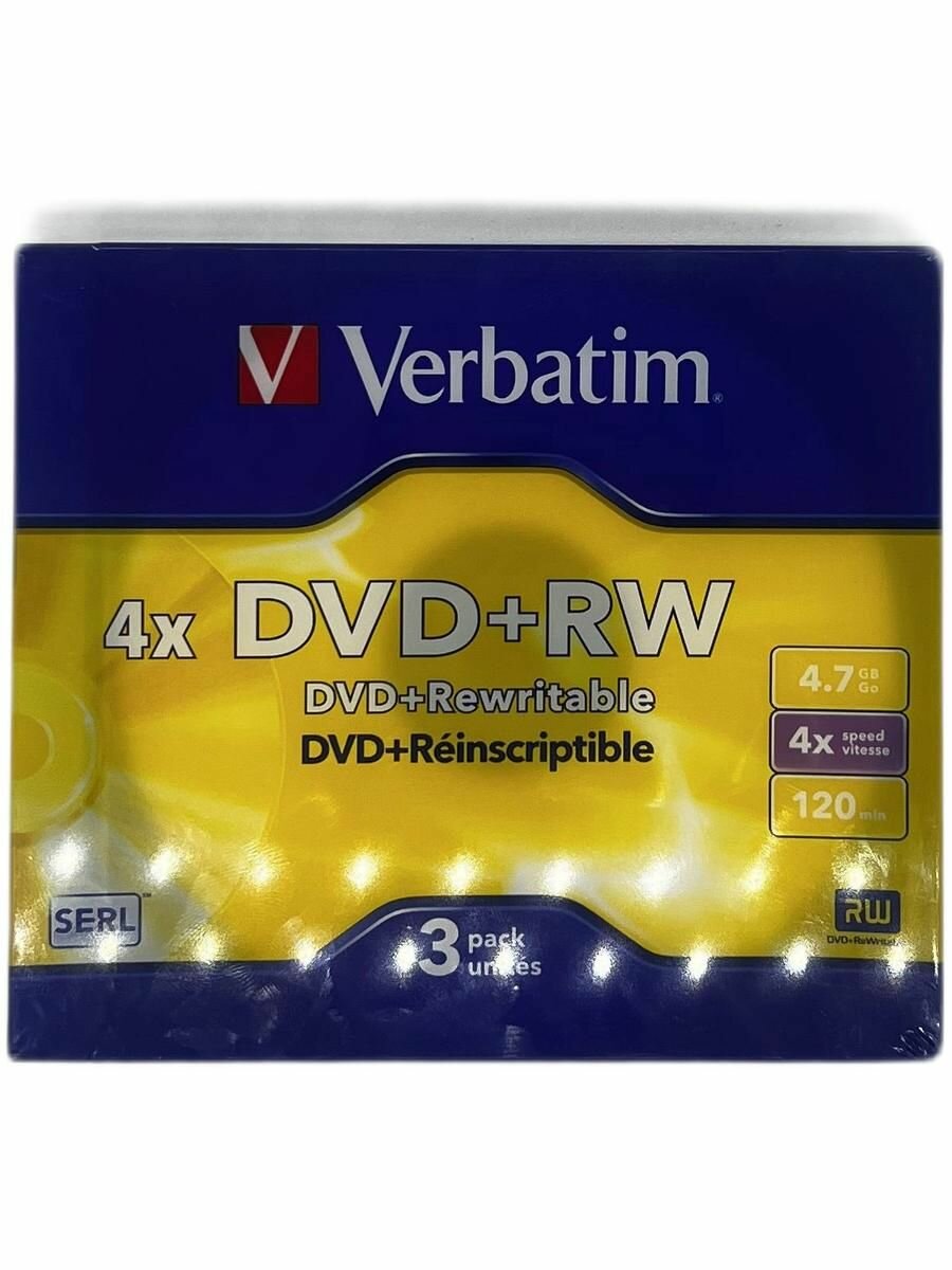 Диски для многократной записи Verbatim DVD+RW 3шт, 4Х/4,7Gb/120min