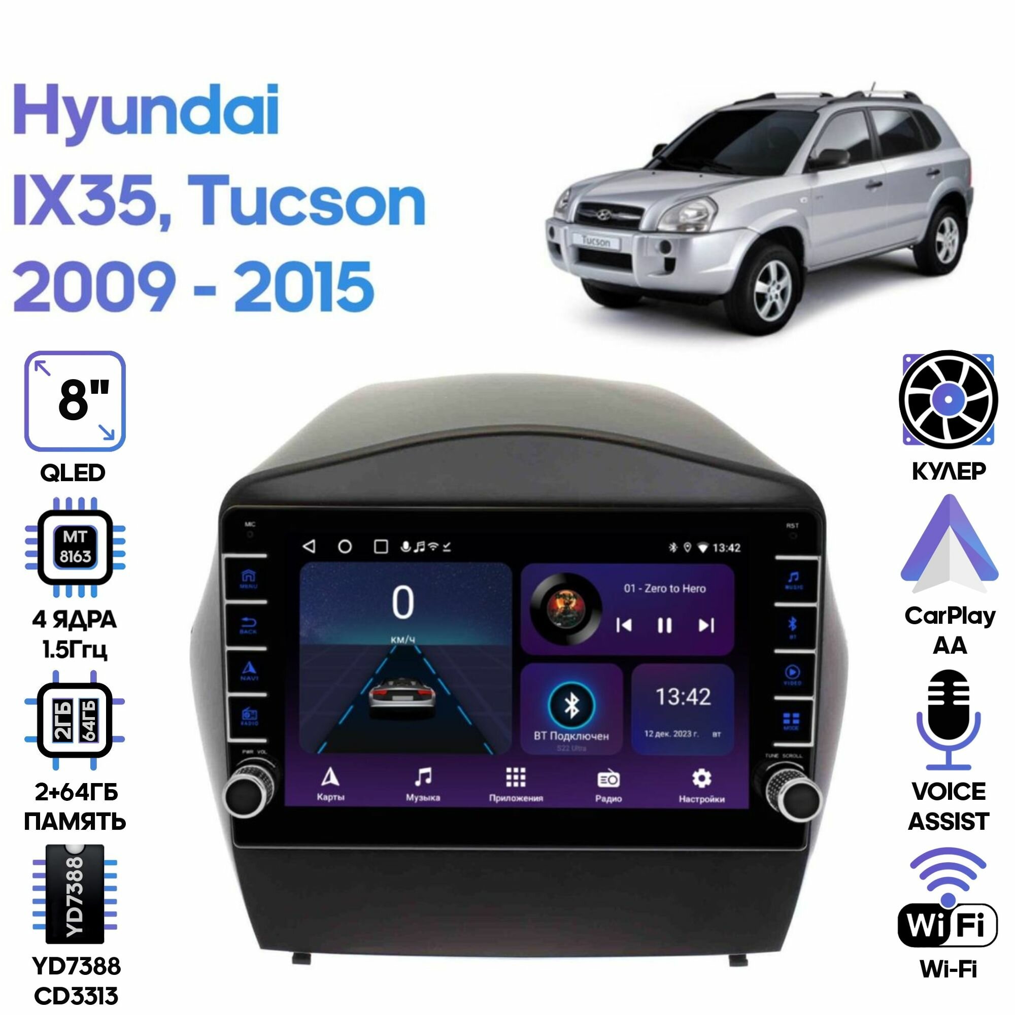 Магнитола Hyundai IX35 Tucson 2009 - 2015 для авто без камеры / 8 дюймов, 2/64GB, 4 ядра, Wi-Fi, Android 9 / Wide Media