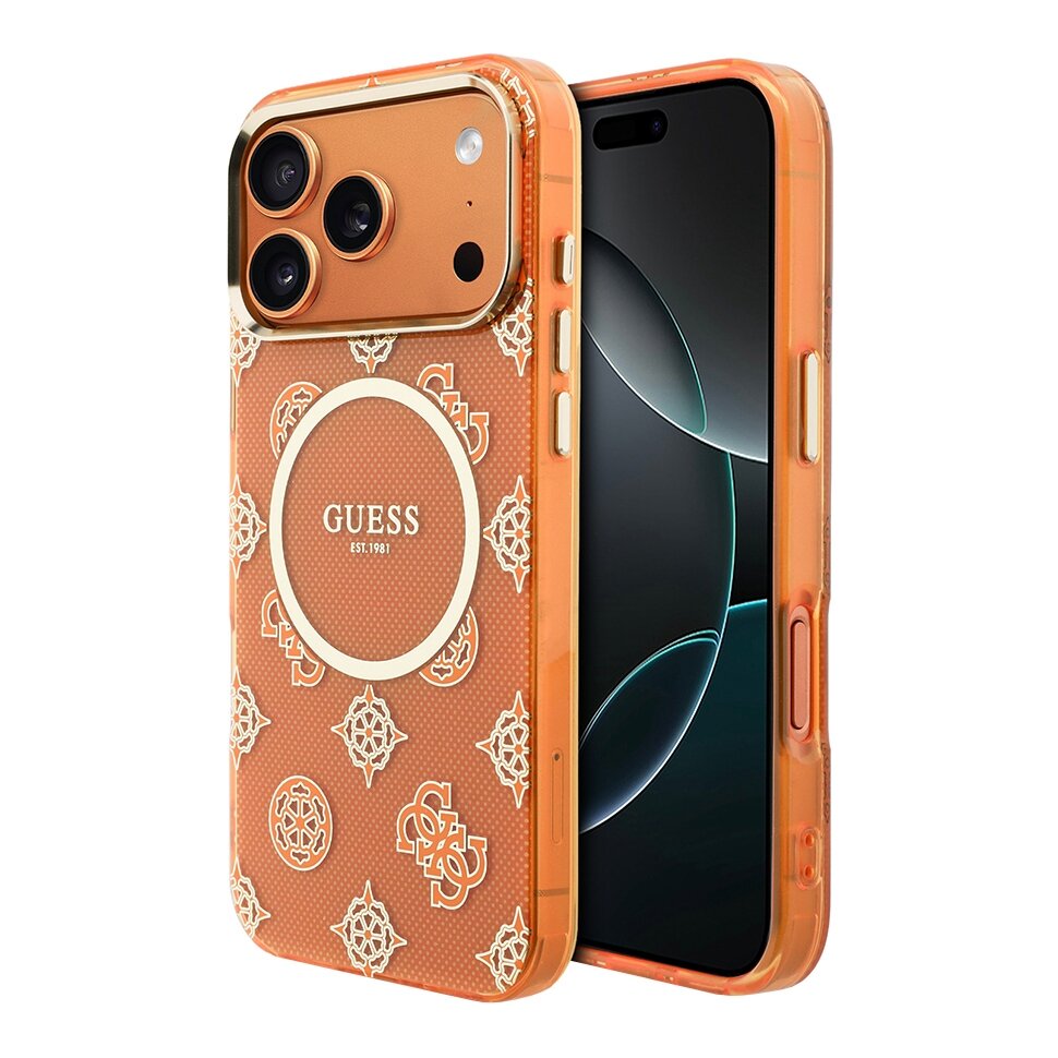 Guess чехол с MagSafe для iPhone 17 Pro Max, с принтом IML Peony Dots, с метал. рамкой камеры, оранжевый