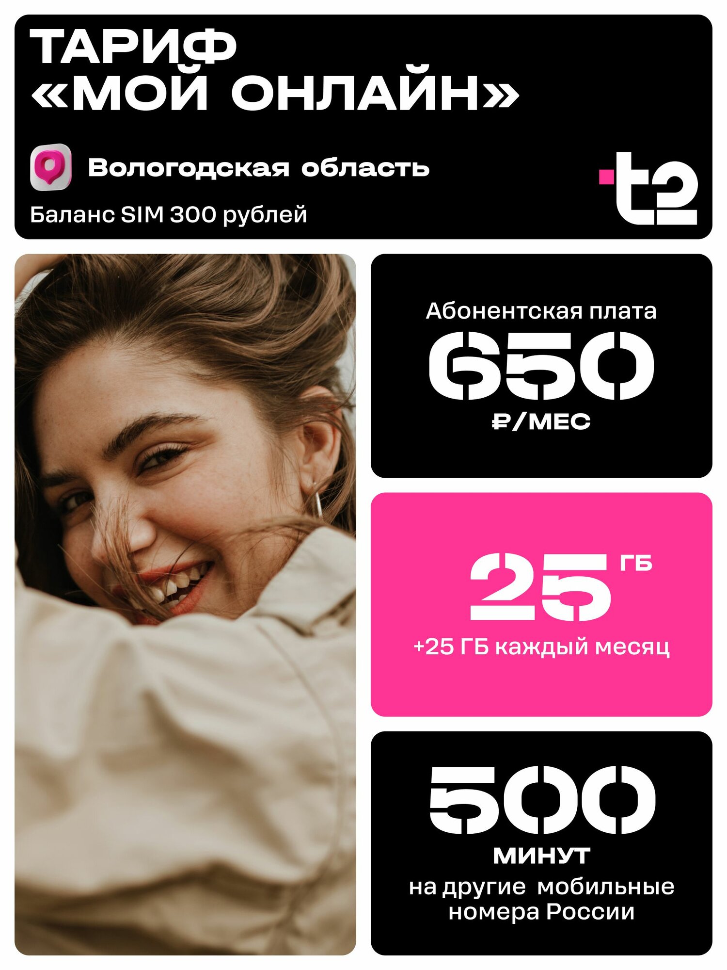 Сим-карта t2 Тариф Мой онлайн для Вологодской области