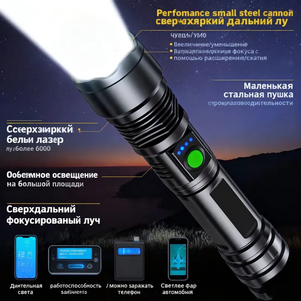Фонарь ручной светодиодный тактический мощный с USB зарядкой, встроенный power bank, дальнобойный стальной