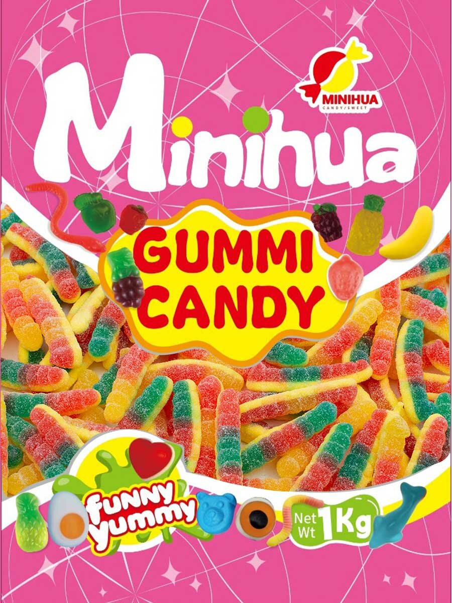 Мармелад жевательный халяль "Гусеницы" кислые 1кг MINIHUA/Китай