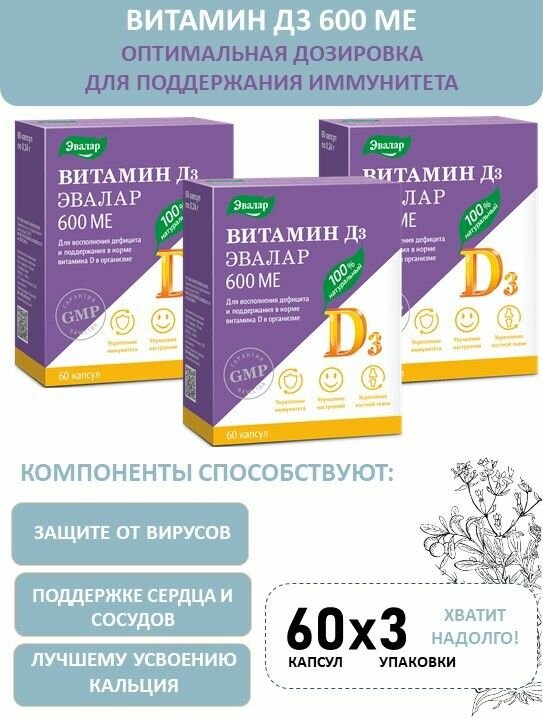 БАД Витамин д 3 600 МЕ 60 шт. капсулы массой 0,24 г блистер - 3уп