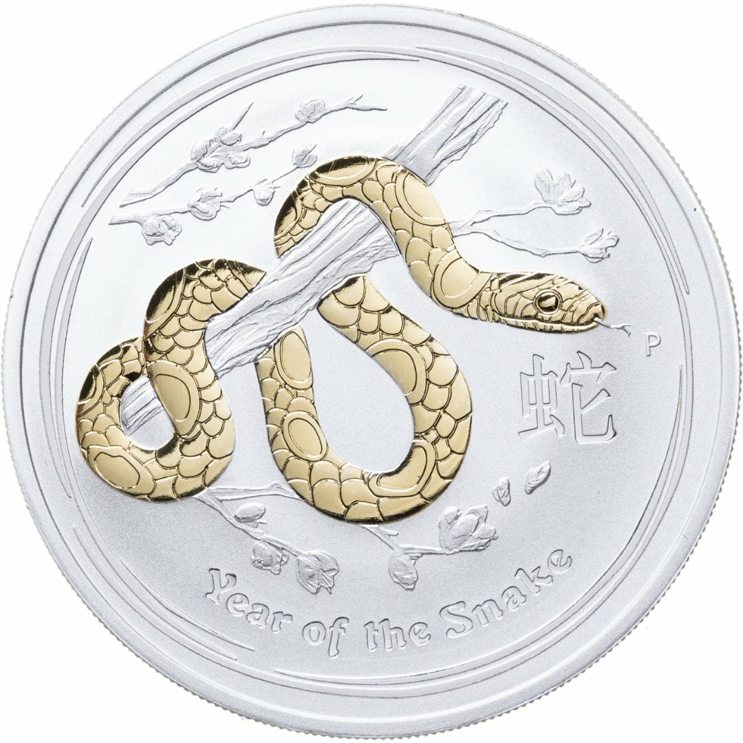 Австралия 1 доллар 2013 "Восточный календарь Год змеи" с позолотой, Серебро 999, в сохранности BUNC