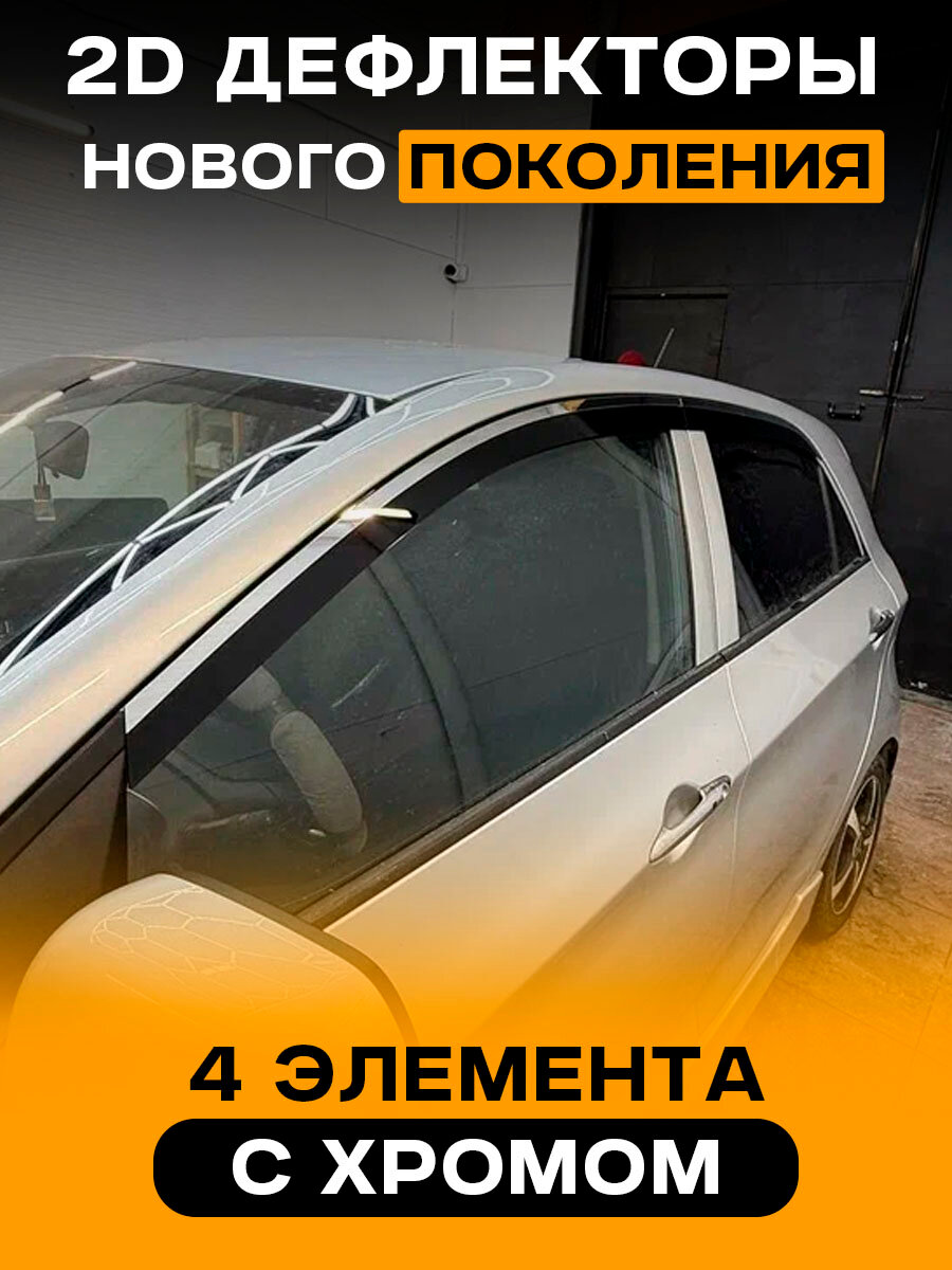 Дефлекторы на Kia Picanto 2 хэтчбек 5 дв. (Киа Пиканто 2) 2011-2017, 2D ветровики на окна автомобиля, с хром молдингом