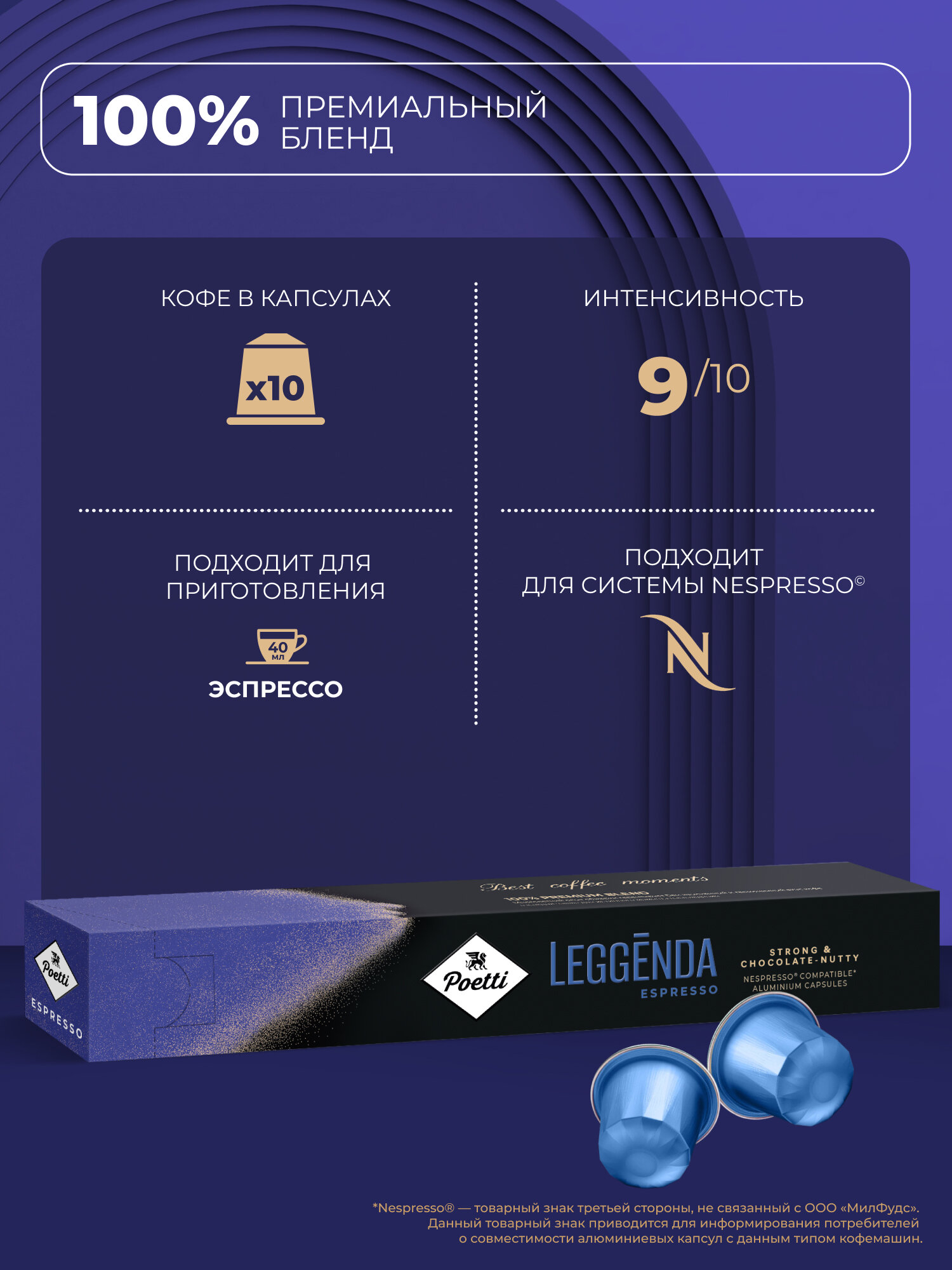 Кофе в капсулах Poetti "Leggenda Espresso", средняя обжарка, 10 капсул, тубус