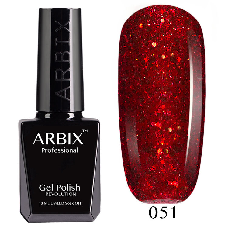 ARBIX Гель лак №051 "Огни Барселоны" цвет очень темный алый с блестками, полупрозрачная основа