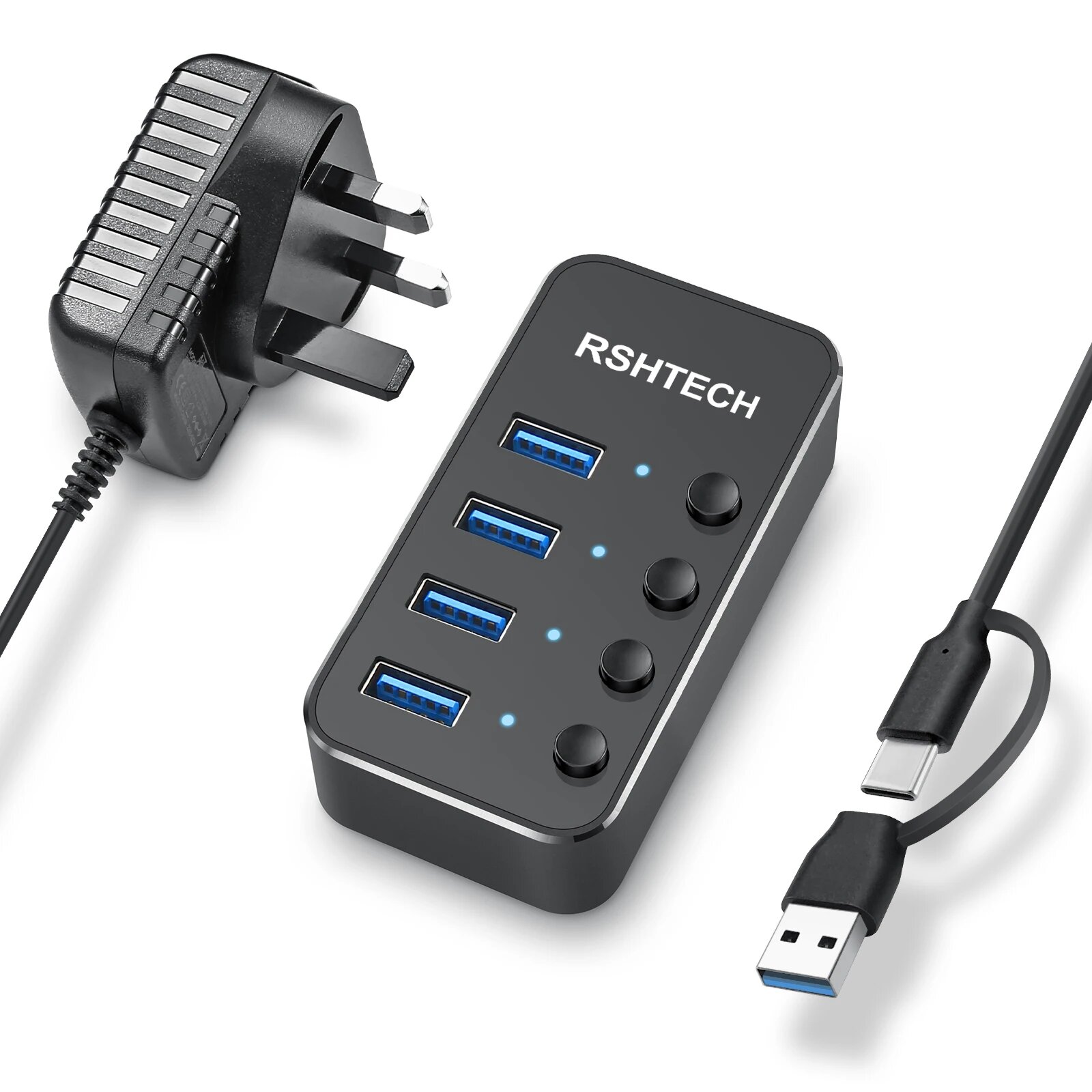 RSHTECH USB 3.0 Хаб с 4 портами, UK Plug Adapter