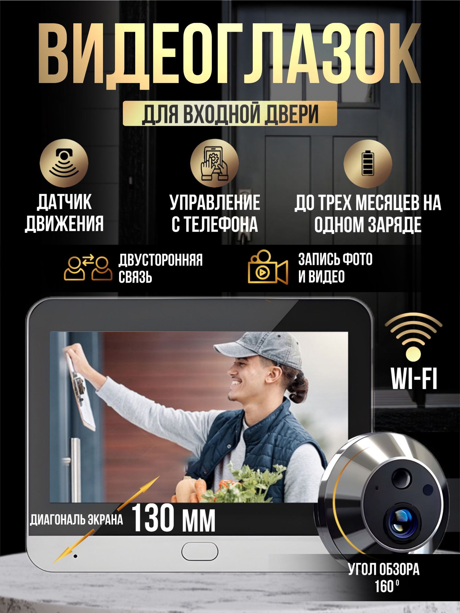 Видеоглазок для входной двери с WI-FI, умный дверной глазок Tuya с двусторонней связью，Флешка 64 G / TF