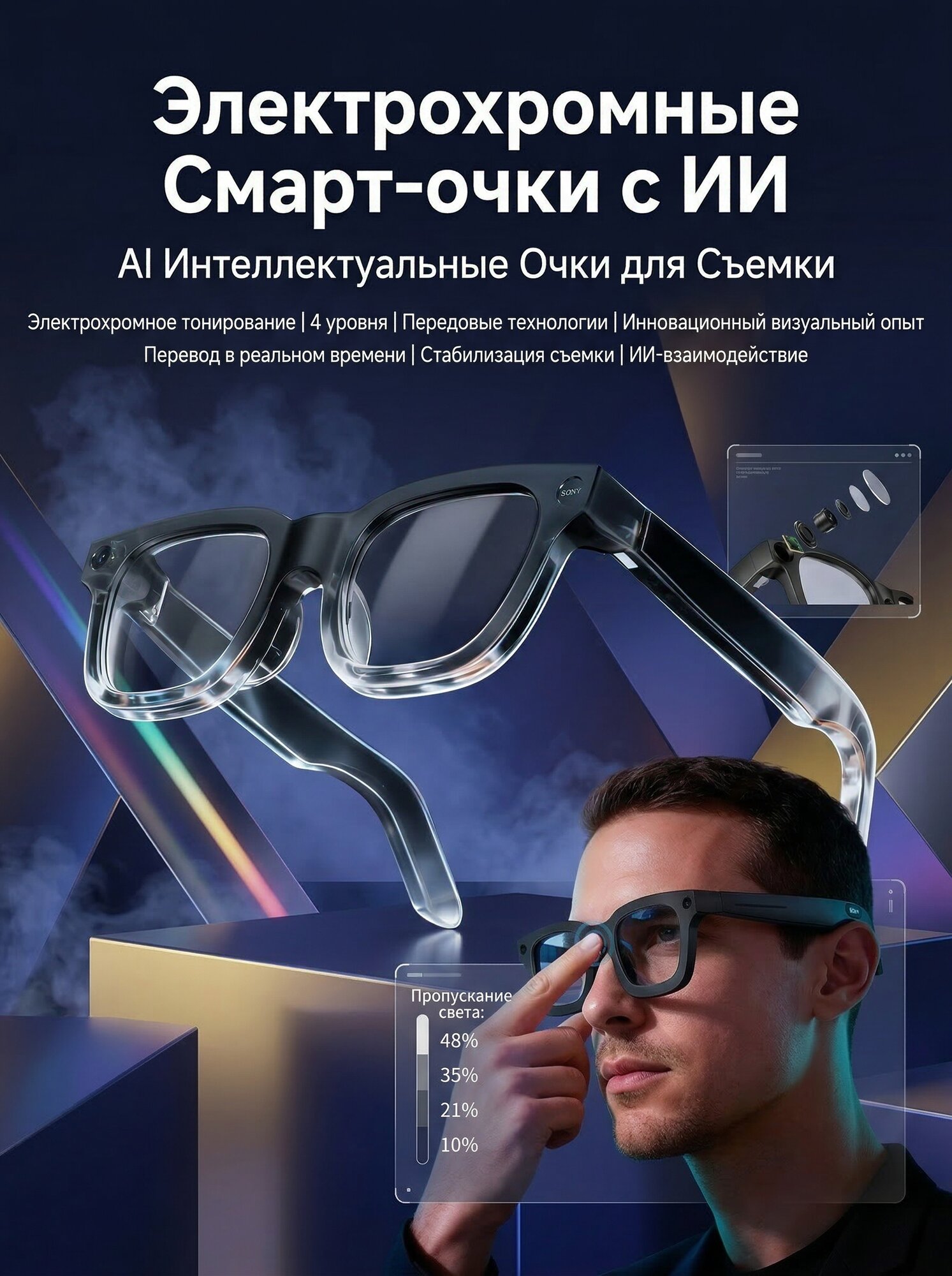 Умные очки с ИИ-камерой 8 МП, голосовым ассистентом и стабилизацией EIS