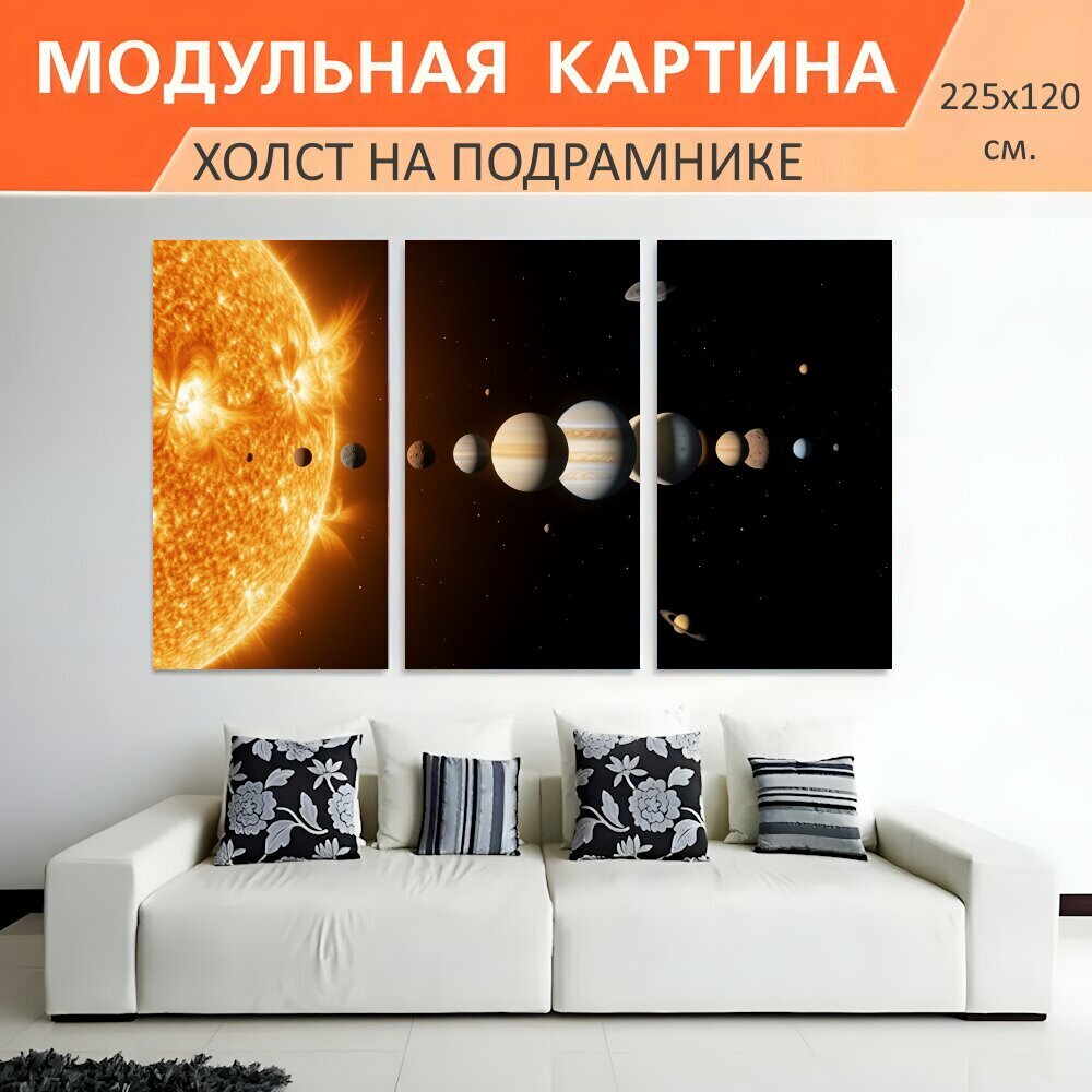 Модульная картина на холсте "Планеты Солнечной системы в космосе. Яркое космическое пространство с раскалённой звездой слева, рядом." триптих на подрамнике 225х120 см. для интерьера