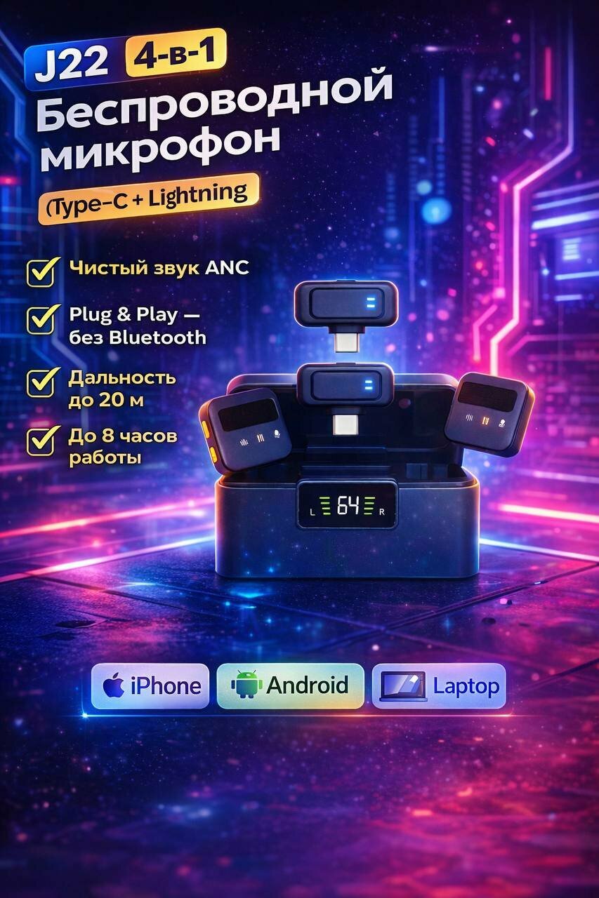 Беспроводной петличный микрофон 4-в-1, Lightning + Type - C, ANC шумоподавление, для iPhone и Android, для записи видео