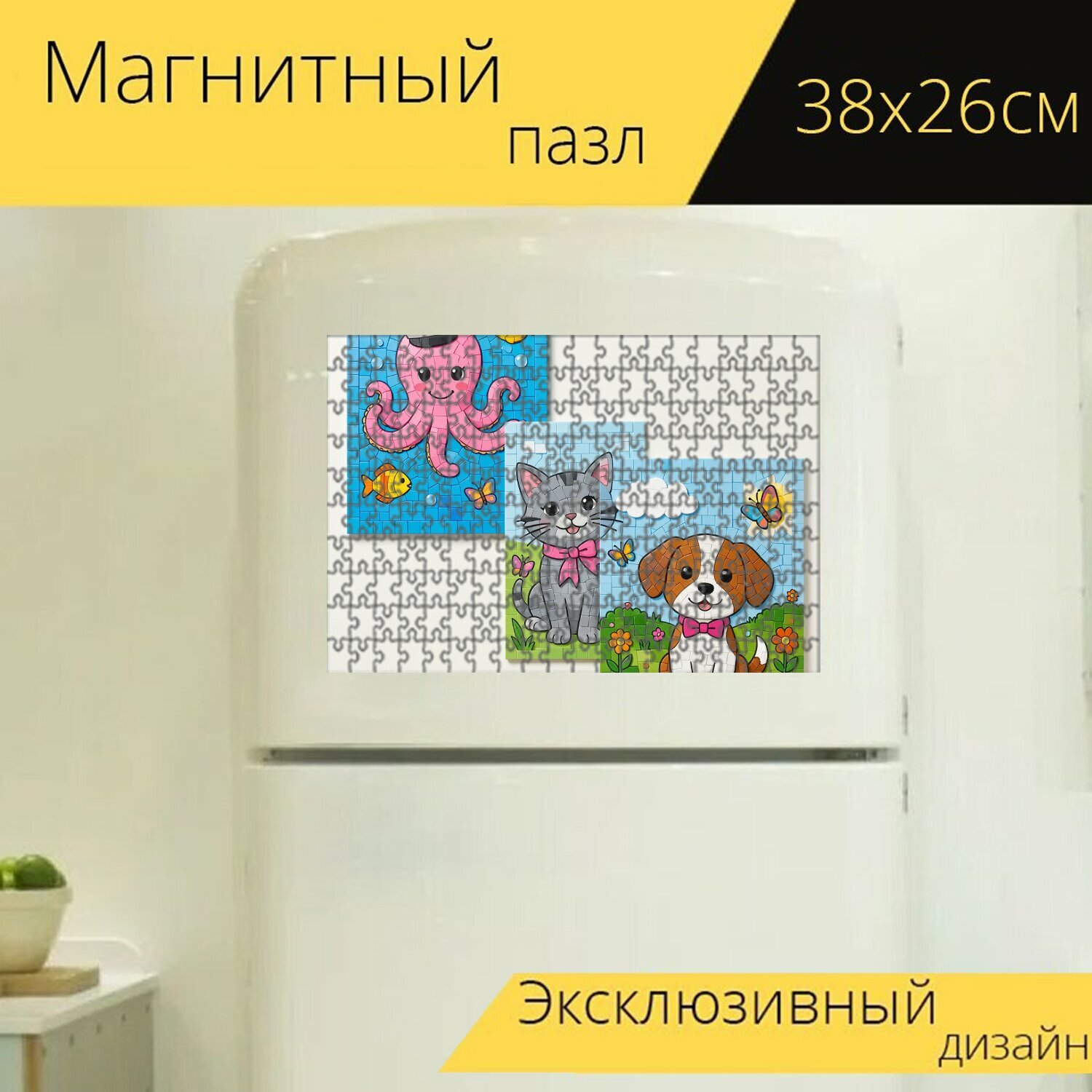 Магнитный пазл "Морские и домашние животные. Яркая мозаичная композиция с розовым осьминогом в море и милыми питомцами на лугу: котёнок и щенок, цветы." для интерьера, 38х26 см.