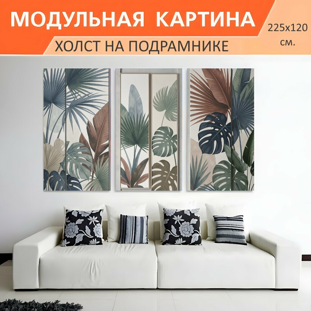 Модульная картина на холсте "Тропические листья в интерьере. Современная композиция из крупных экзотических растений с пальмовыми и." триптих на подрамнике 225х120 см. для интерьера