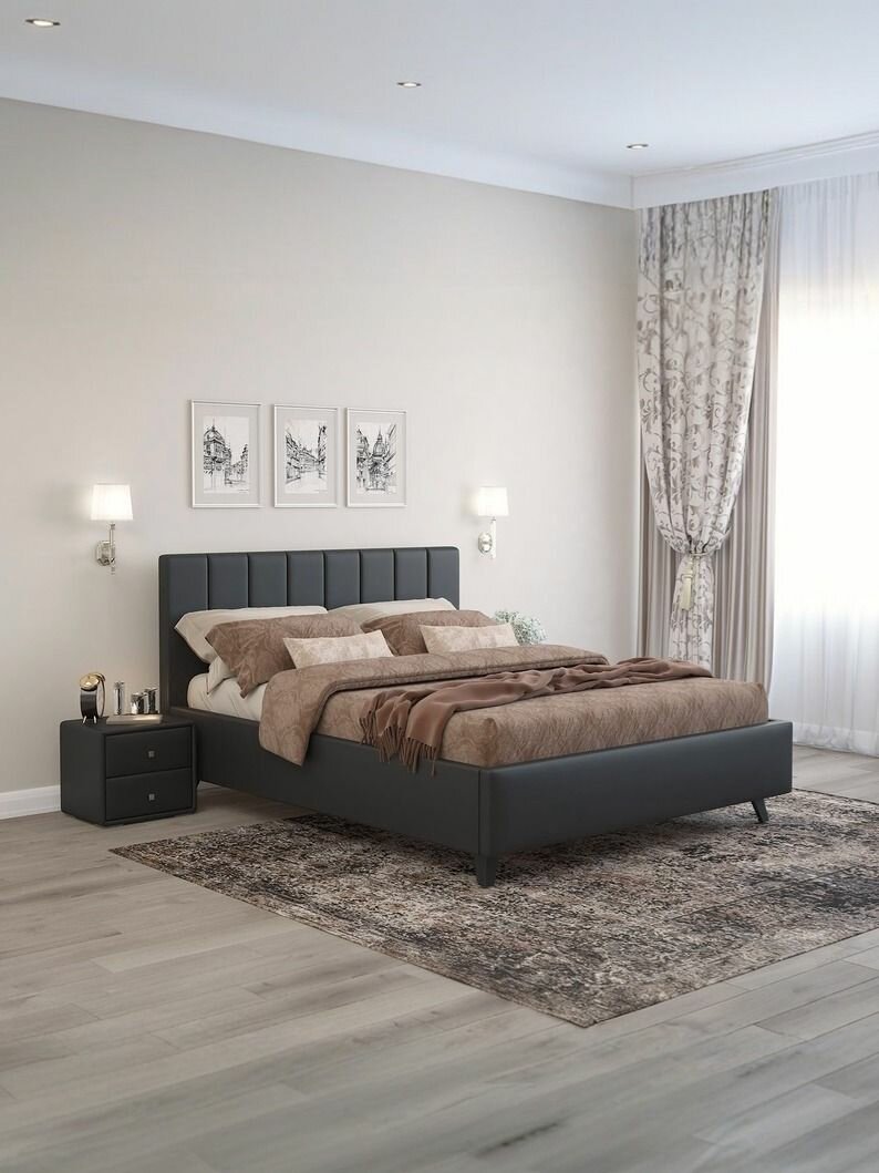 Кровать "Оливия" 160х200см с подъемным механизмом и ящиком для белья в черной экокоже