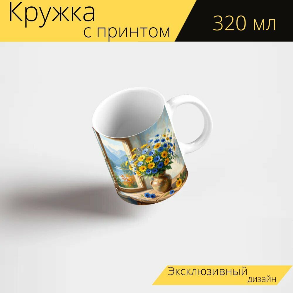 Кружка с рисунком, принтом "Полевые цветы у окна с горами. Живописная летняя композиция с букетом ярких ромашек и васильков в керамическом кувшине на подоконнике, за окном." 320 мл.