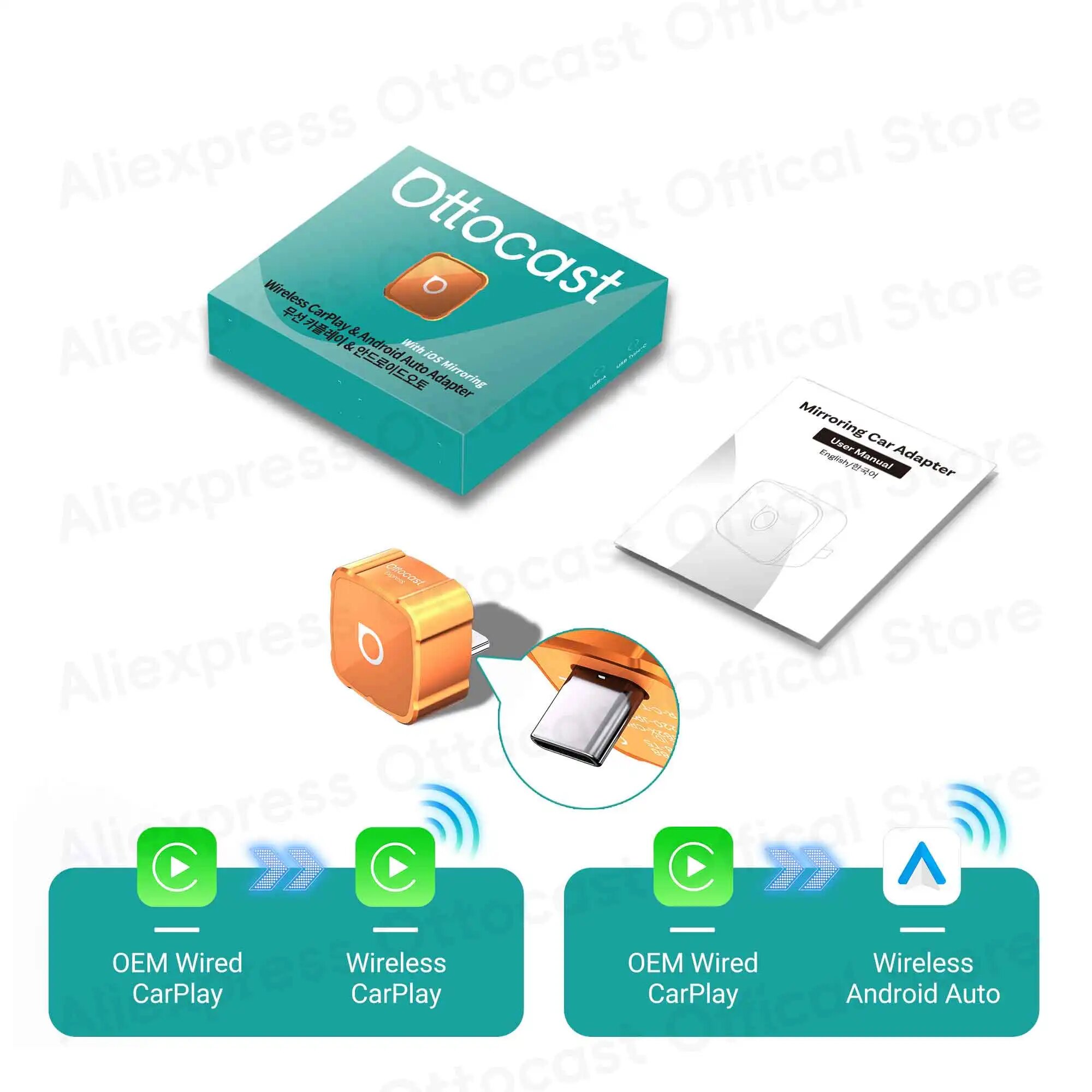 OTTOCAST Express MINI AIR 3-в-1 Беспроводной Адаптер CarPlay И Android Auto Для Дублирования Экрана iOS