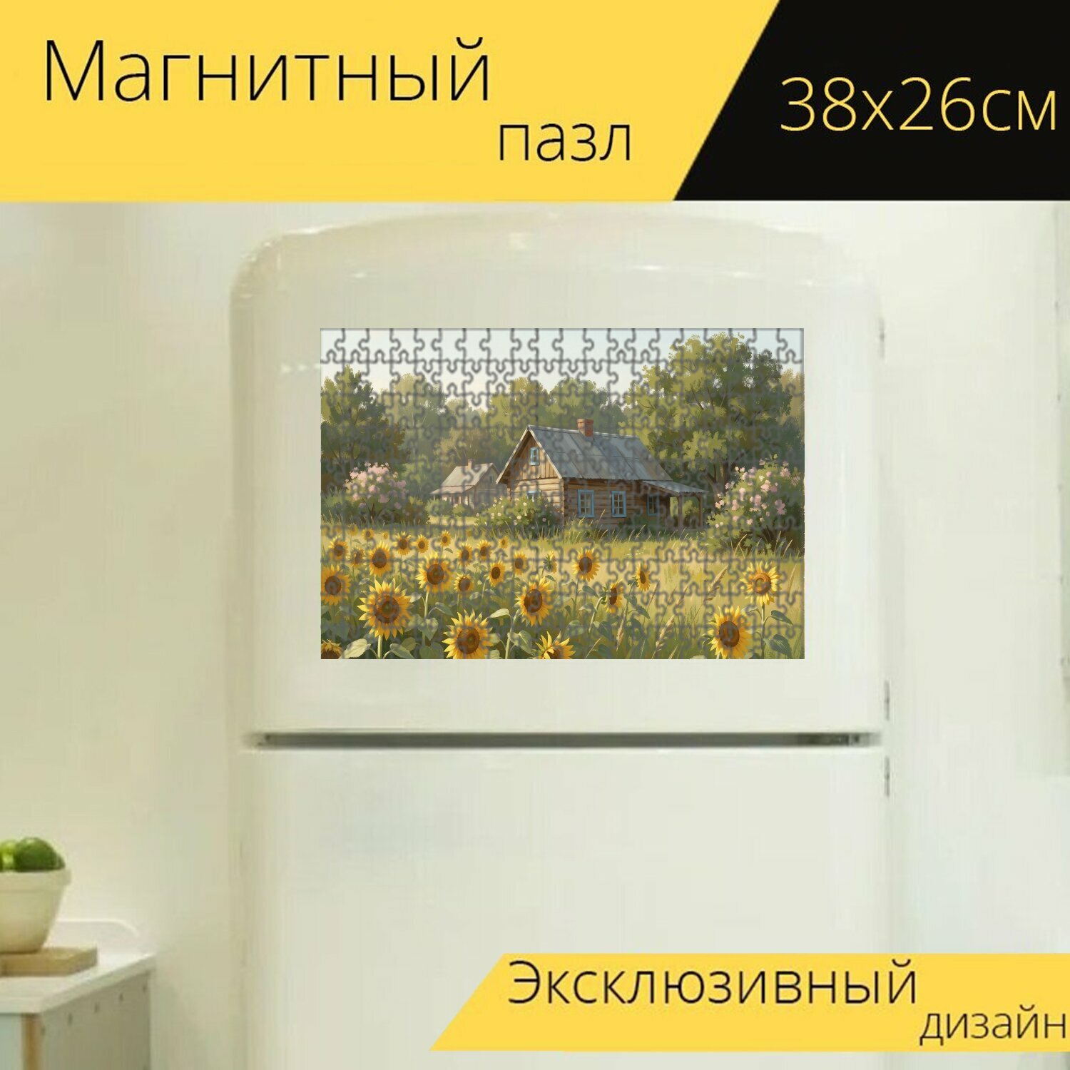 Магнитный пазл "Деревенский дом среди подсолнухов. Летний сельский пейзаж с деревянными избами, пышными деревьями и золотистым цветочным полем. Мягкая." для интерьера, 38х26 см.