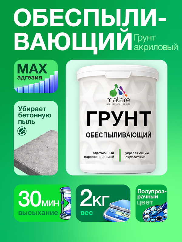 Грунт обеспыливающий Malare акриловый адгезионный универсальная, без запаха быстросохнущий, полупрозрачный, 2 кг.