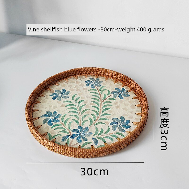 Маленькая корзина из ротанга с синим цветочным узором, 30x3см - экологичный домашний органайзер для фруктов и закусок