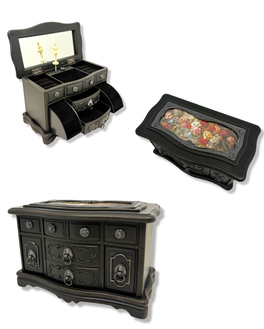 Шкатулка "Музыкальная Балерина", комод, с ящиками, зеркало, бархат, пластик, 5 отделений