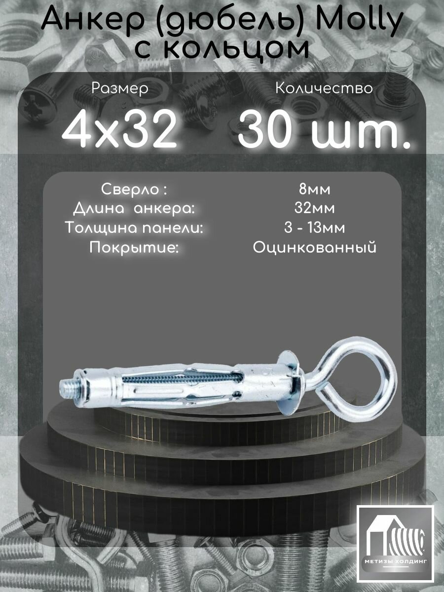 Анкер Молли 4х32 (Дюбель) кольцо для гипсокартона и листовых материалов, 30 шт.