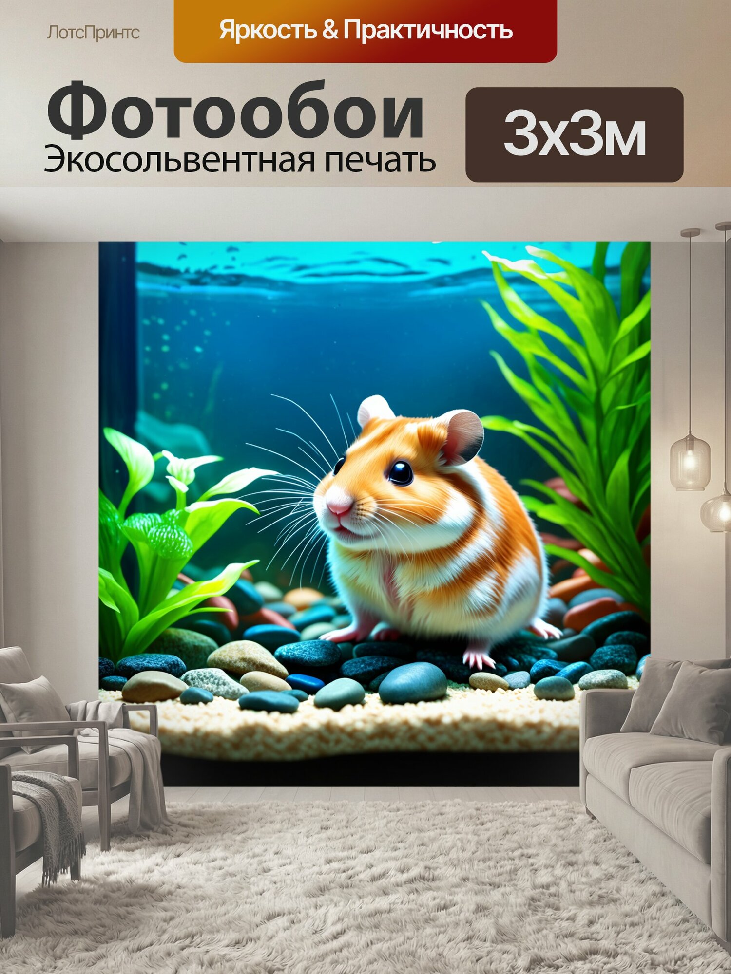 Фотообои "Хомяк, излучающий удивление, когда он делает свой первый шаг в аквариум, наполненный галькой и красивыми растениями. сцена выполнена в." 300x300 см. экосольвентная печать