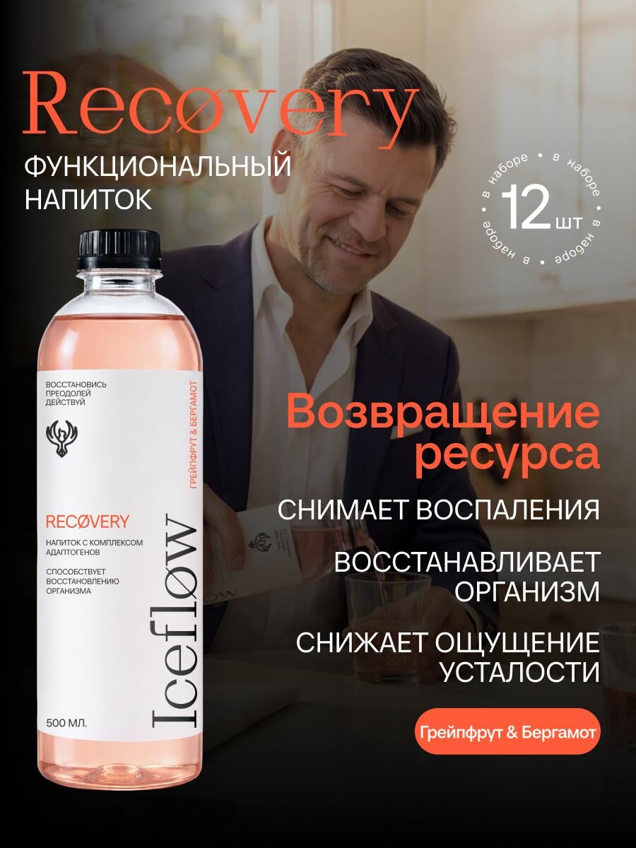 Функциональный напиток IceFlow Recovery 12 штук x 500 мл для восстановления после нагрузок и стресса, витамины группы B и адаптогены, грейпфрут-бергамот
