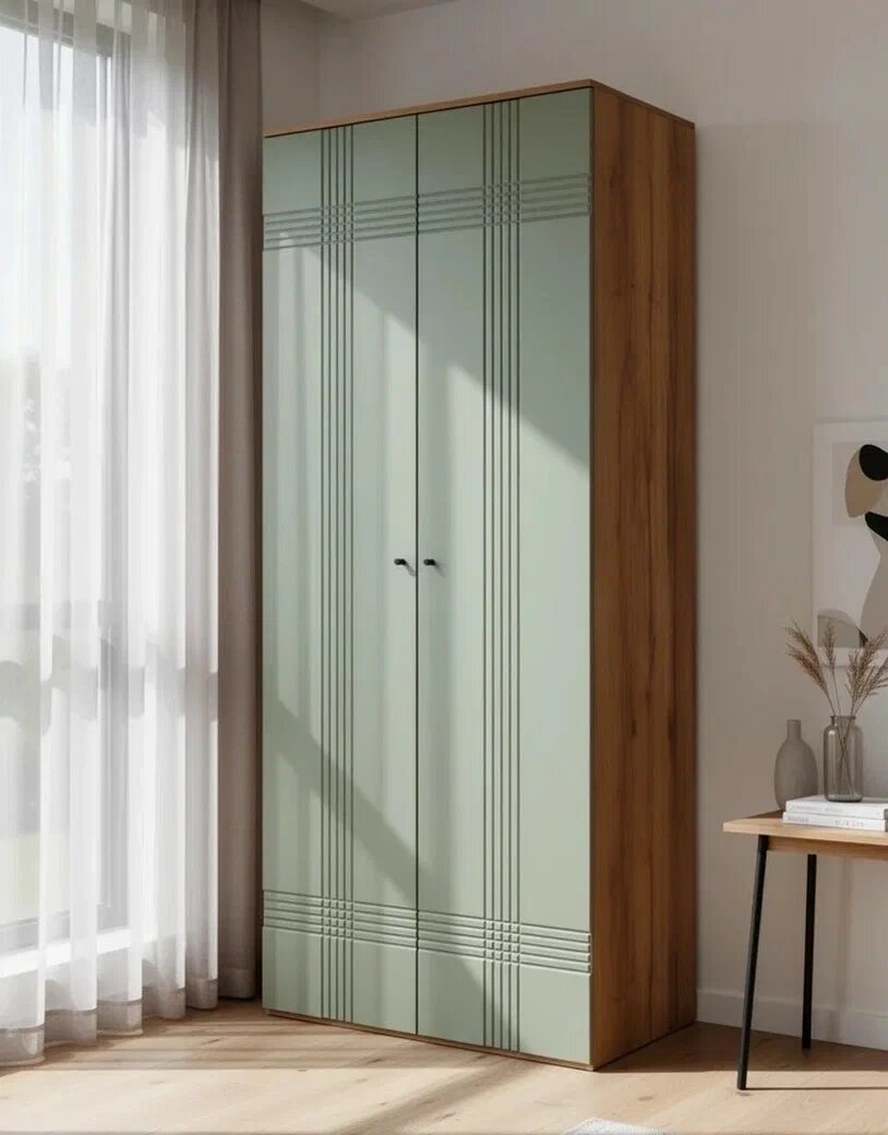 Шкаф распашной двухдверный с полками и штангой серо-зеленый Вега Саксония