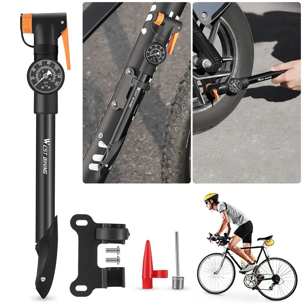 Велосипедный насос с манометром, 300 мм, алюминиевый, черный, совместим с Presta/Schrader