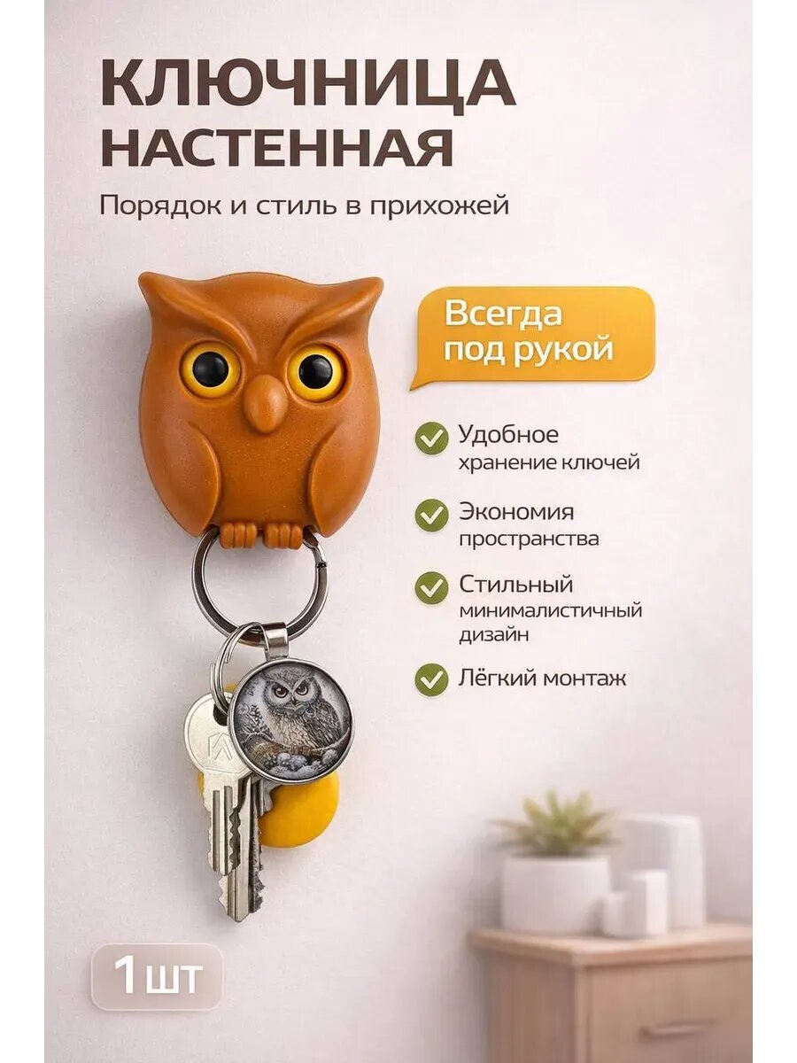 Держатель для ключей в прихожую магнитный, ключница Сова