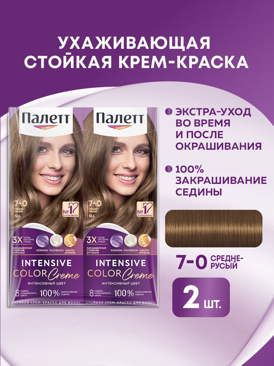 Палетт Набор Стойкая крем-краска для волос Интенсивный цвет 7-0 Средне-русый, 110 мл, 2 шт
