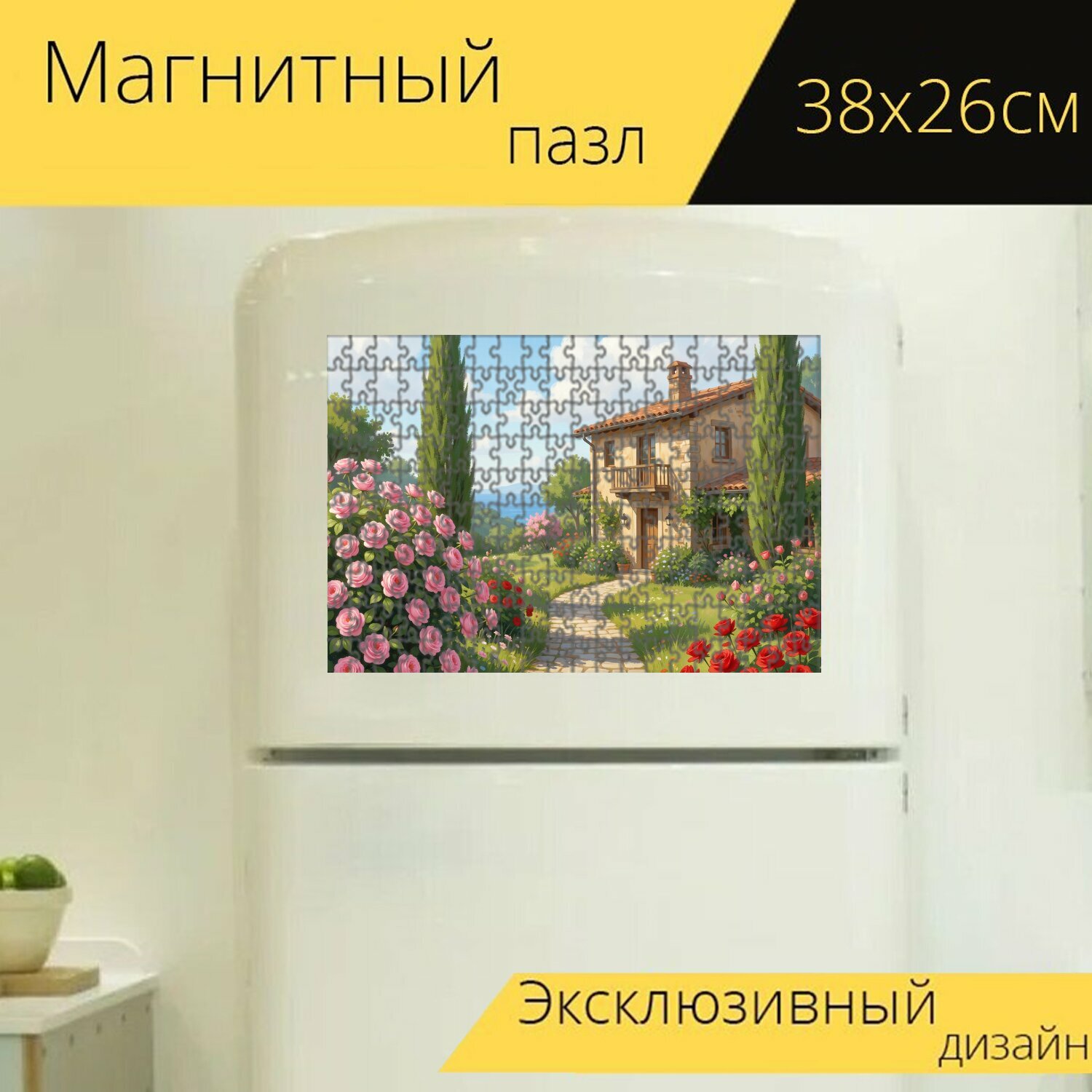 Магнитный пазл "Средиземноморский дом в цветущем саду. Уютный загородный особняк в стиле прованс среди пышной цветущей зелени, розовых и красных роз, с." для интерьера, 38х26 см.