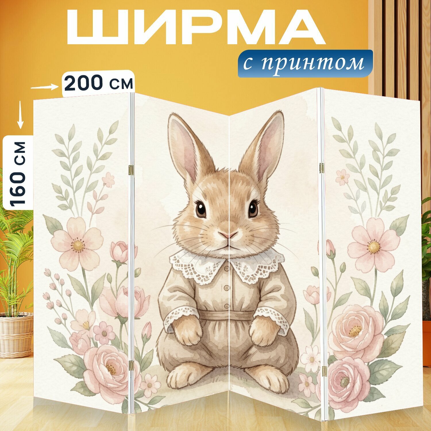 Ширма "Милый зайчик среди цветов. Нежный акварельный рисунок с пушистым кроликом в винтажном платьице." перегородка для зонирования комнаты с принтом 200x160 см. на холсте