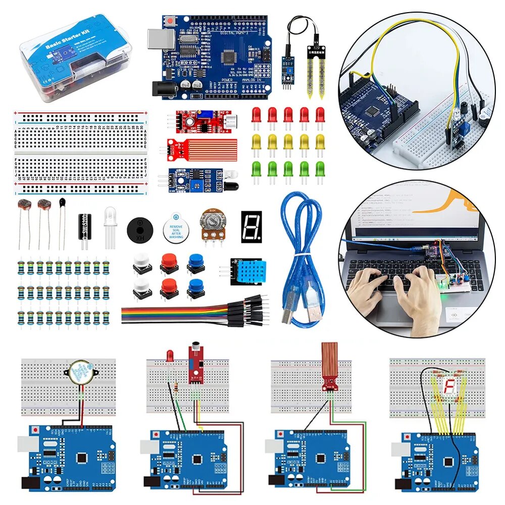 Набор для Arduino Uno R3 с макетной платой, датчиками, LED и компонентами для обучения