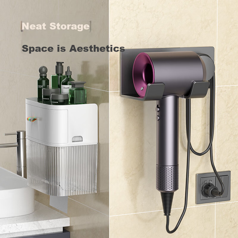 Jiabangshuo Gun-Gray Hair Dryer Storage Rack, No Drilling Required, Bathroom Electric Hair Dryer Organizer, Wall-Mounted Hair Dryer Holder