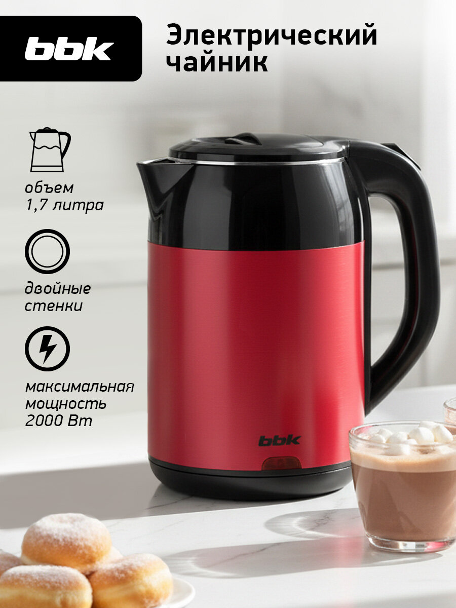 Чайник электрический BBK EK1709P черный/красный, объем 1,7 л, мощность 1800-2000 Вт, двойные стенки