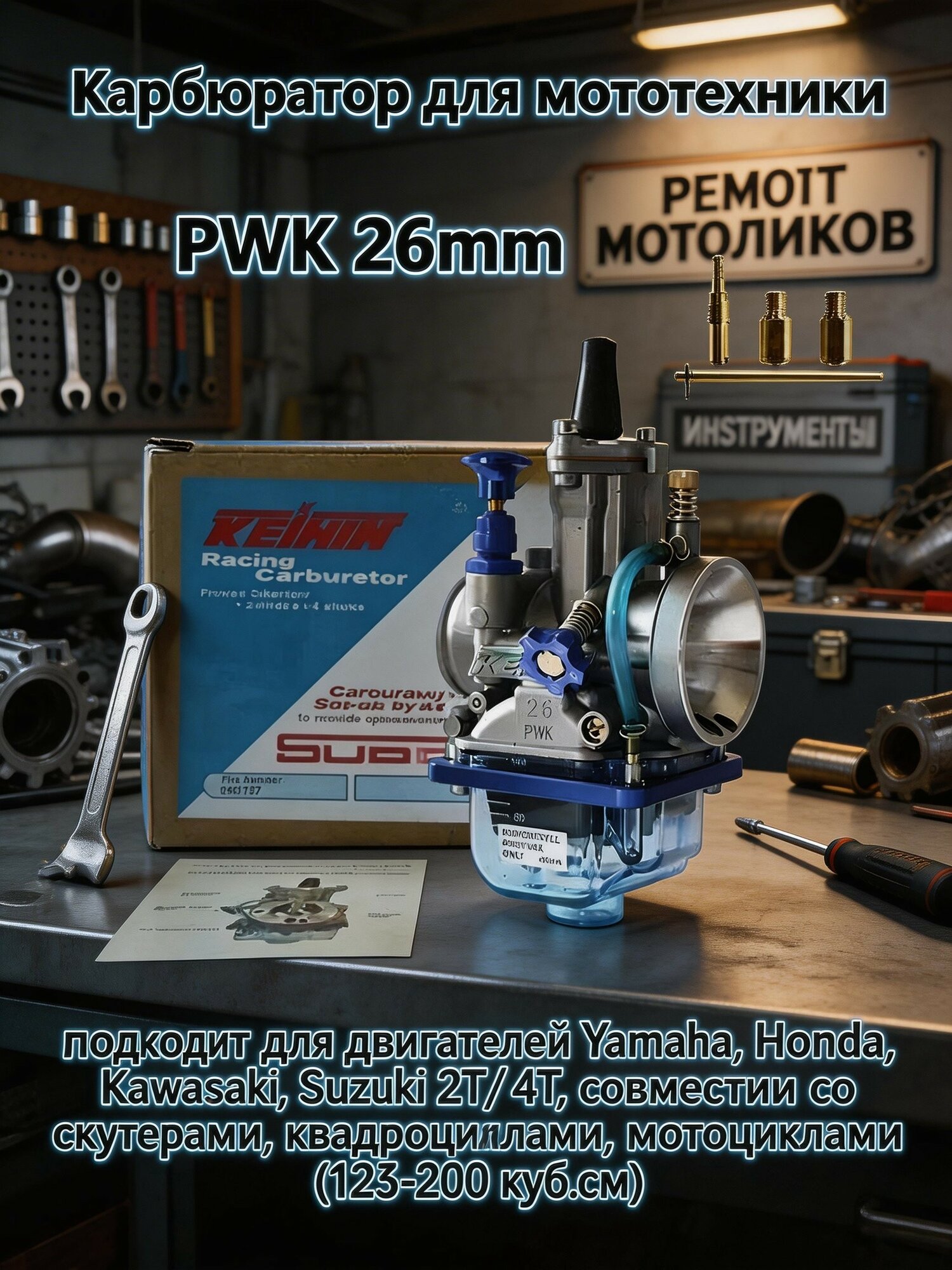 Карбюратор Keihin PWK 26 мм, для Yamaha Honda Kawasaki Suzuki 2T/4T совместим со скутерами квадроциклами и мотоциклами 125-200 куб. см