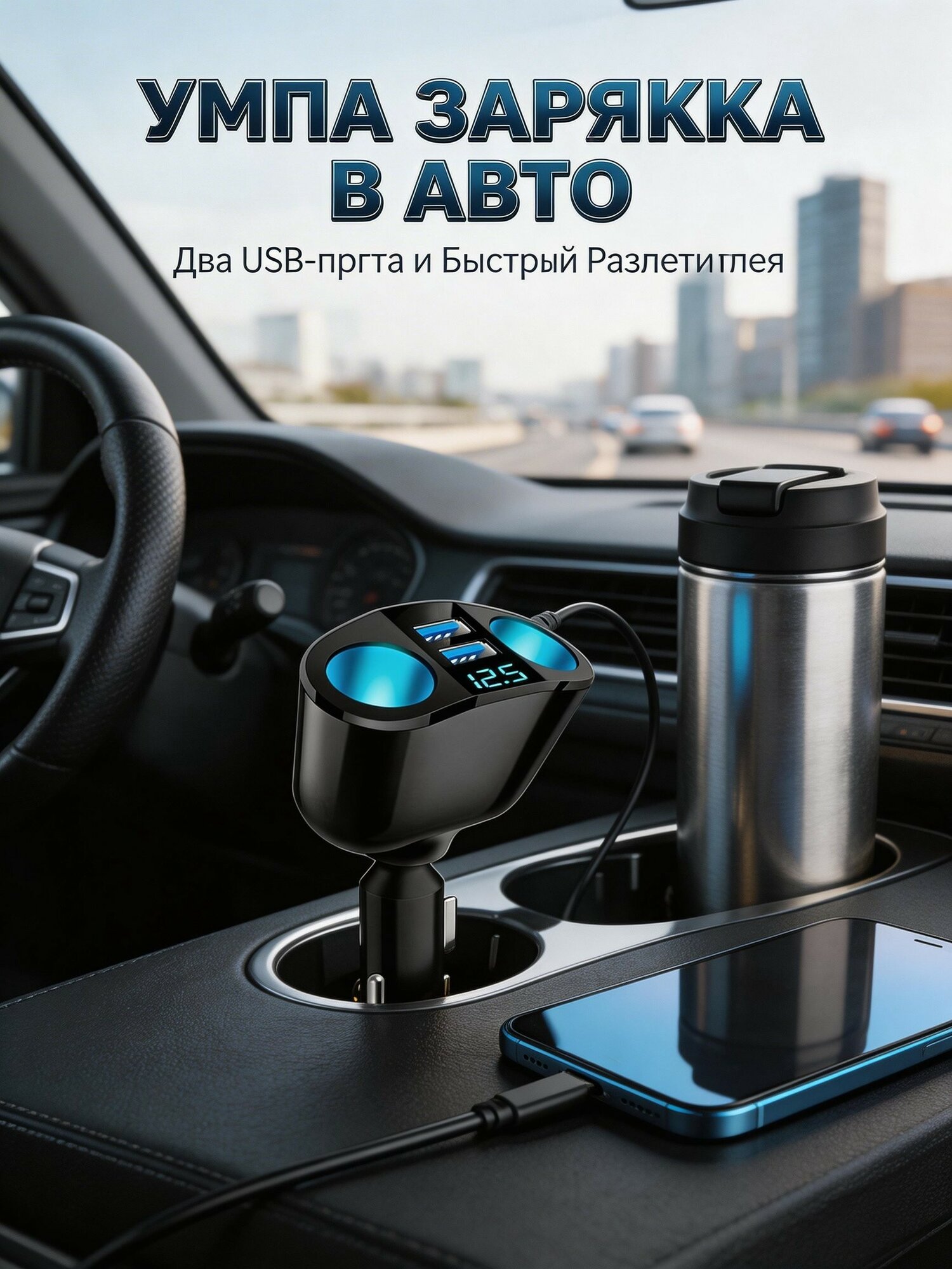 Автомобильное зарядное устройство и разветвитель прикуривателя, 2 порта USB плюс Type-C, питание для GPS, видеорегистраторов и других аксессуаров