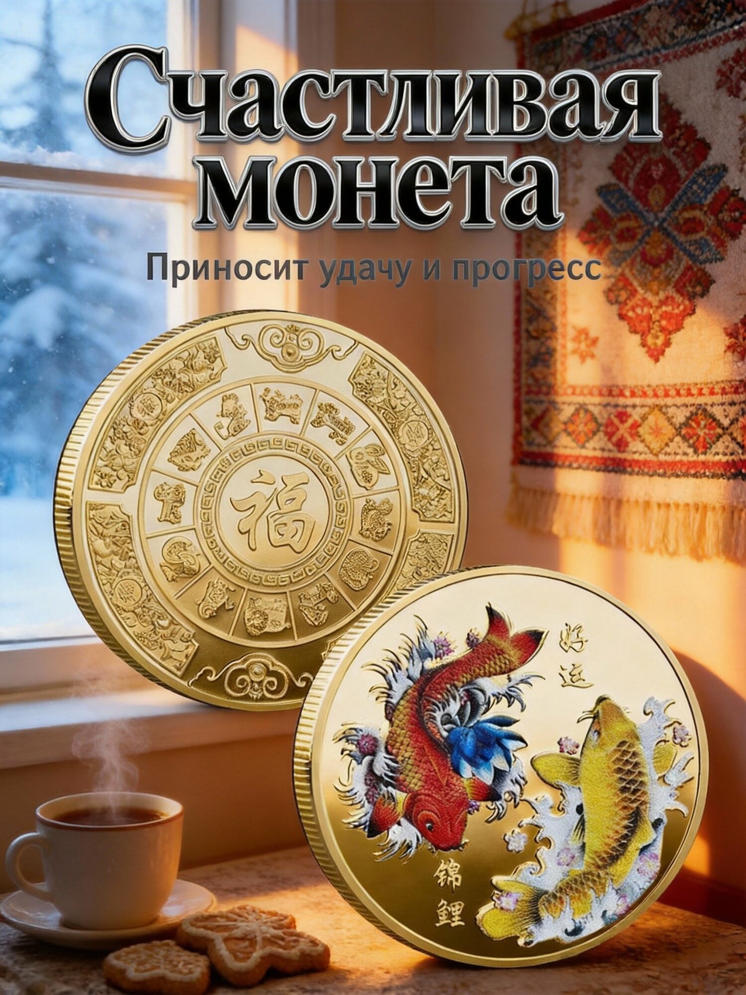 Китайская счастливая монета с узором рыбы кои, диаметр 40 мм — памятный сувенир и талисман на удачу в золоте и цвете