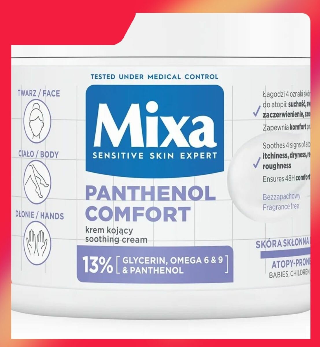 Регенерирующий крем Mixa Panthenol Comfort для интенсивного ухода за сухой и атопичной кожей тела, 400 мл