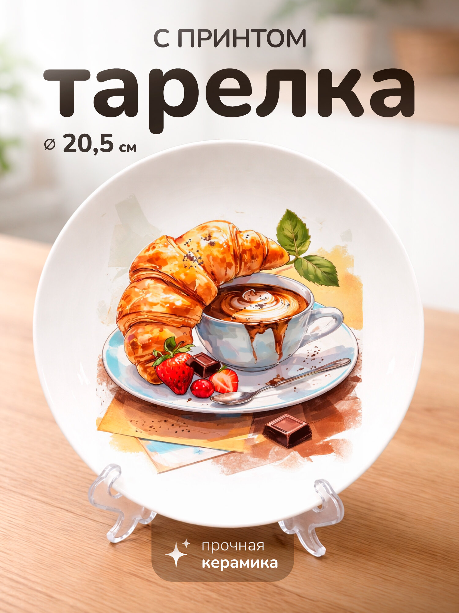 Тарелка с принтом "круассан с клубникой и шоколадом", керамика, 20 см, для СВЧ, с подставкой