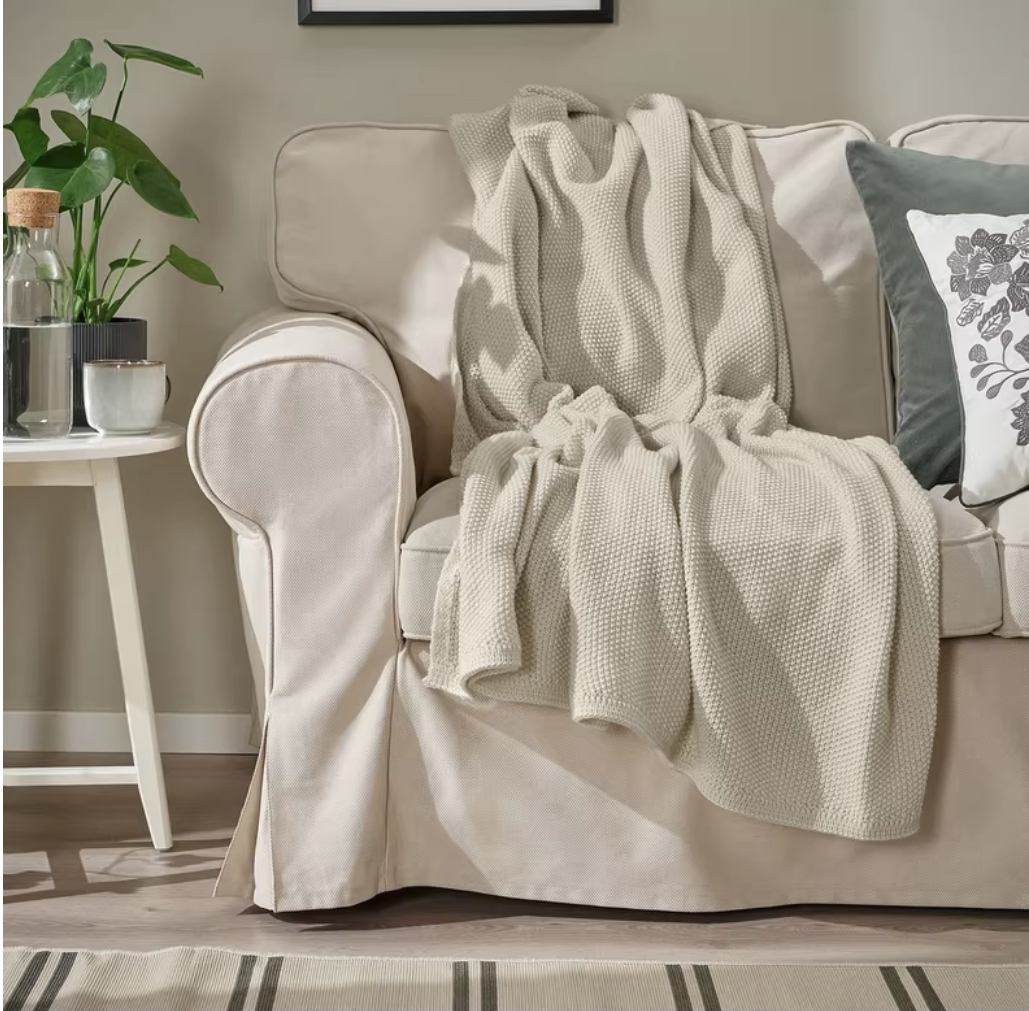 Плед IKEA HUMLEMOTT серо-белый, вязаный, полиэстер, 130x170 см