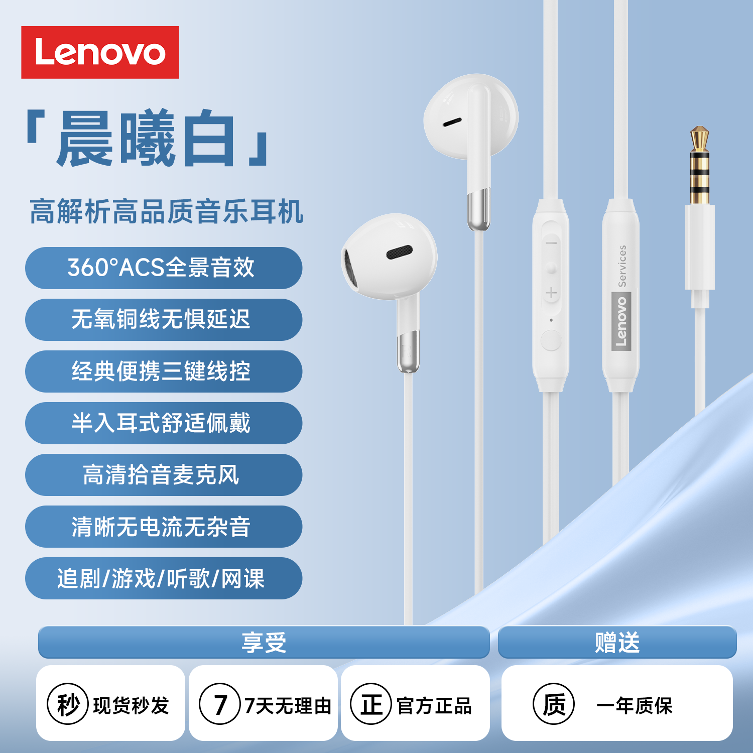 Lenovo Полу-вкладные Проводные Наушники с 3.5 мм Разъемом, Совместимые с iPhone, Samsung, Xiaomi и Компьютерами - Белые