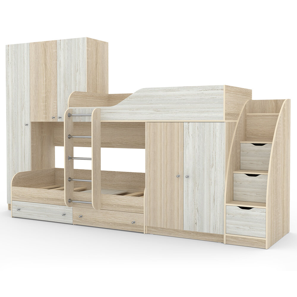 Двухъярусная кровать Лео с лестницей комодом Дуб Сонома Винтерберг
