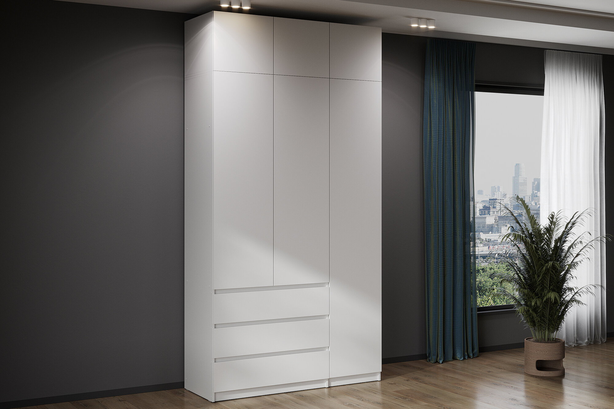 Шкаф для одежды Нонтон Грандис, 135x50x260 см, с антресолью, 3 ящика, белый