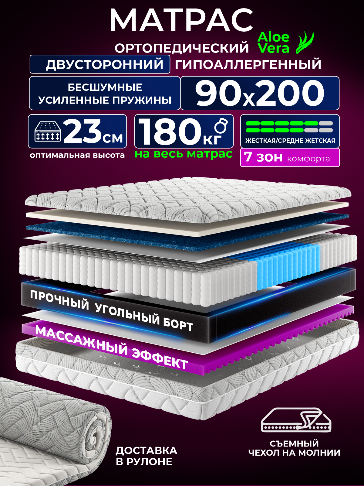 Ортопедический односпальный матрас 90х200 см на кровать, рулонный, независимый пружинный блок, съемный чехол Ами Мебель
