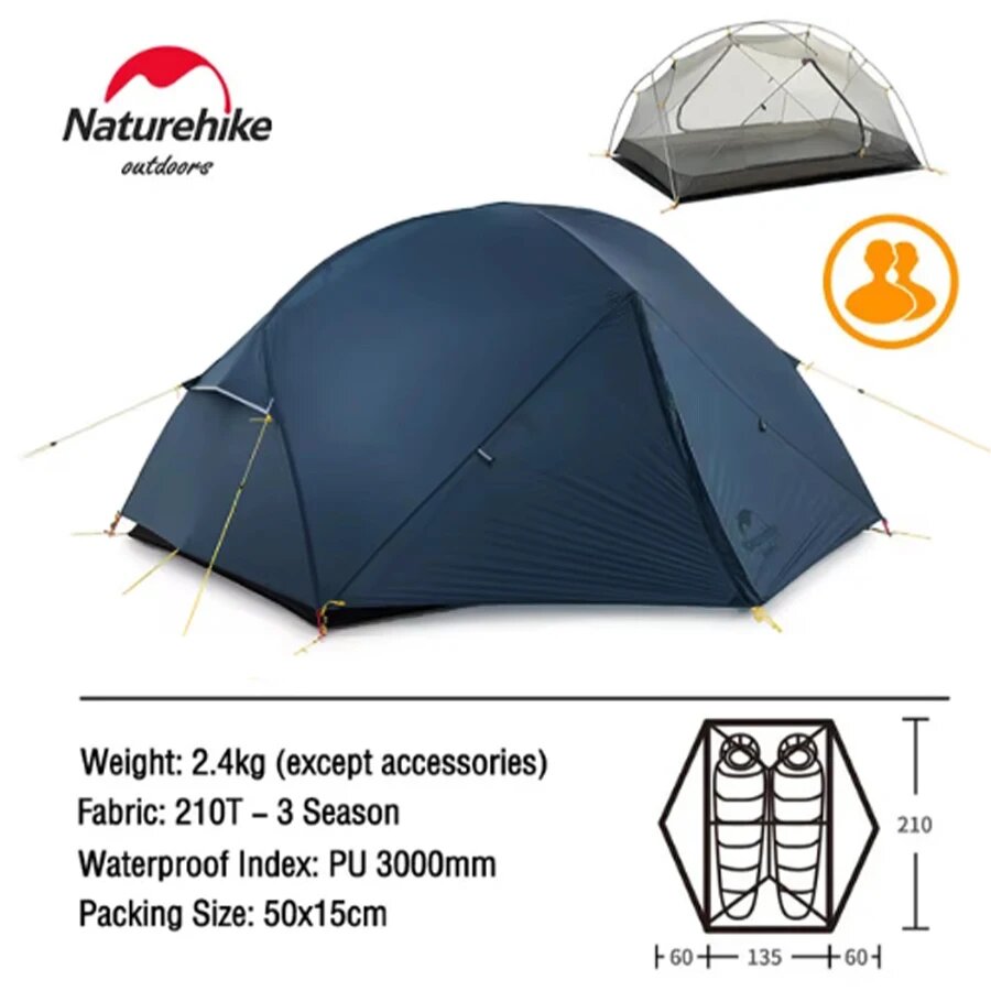 Палатка для кемпинга Naturehike Mongar для 2 человек ультralегкая профессиональная водонепроницаемая и ветронепроницаемая рюкзачная палатка из 20D нейлона для путешествий