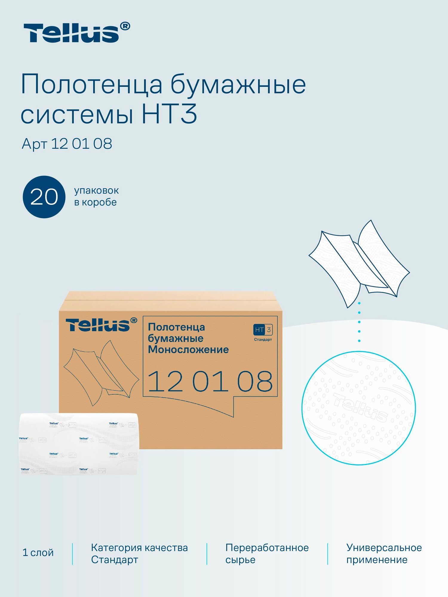 Полотенца бумажные листовые однослойные Tellus (Tork) ZZ, 23х23 см, 20 пачек по 250 л, артикул 120108