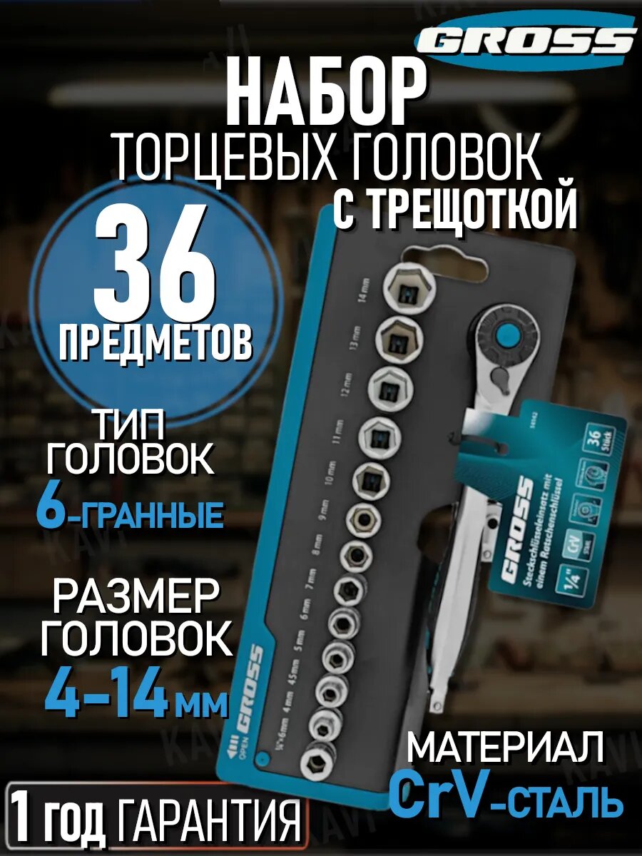 Набор торцевых головок и трещотка 36пр